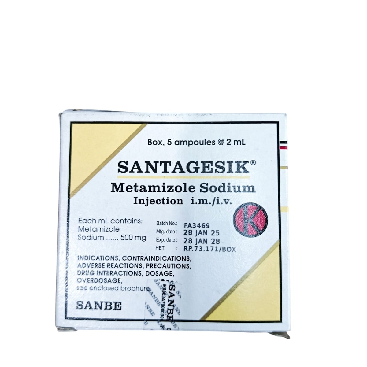 Santagesik – Metamizole Sodium Injection 500 mg/mL | 5 Ampul @ 2 mL – SANBE