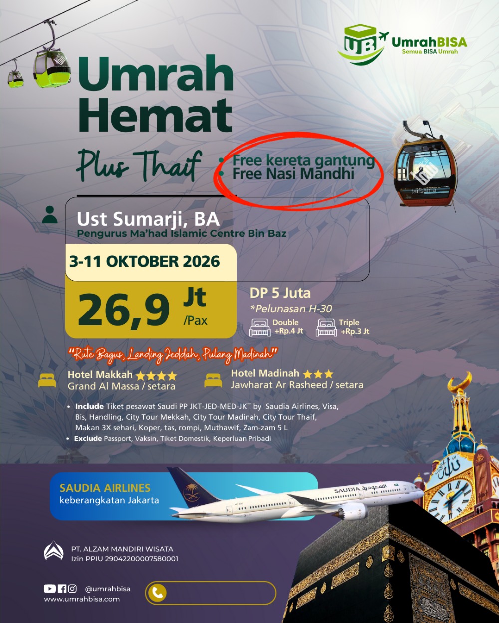 DP Umrah Hemat Plus Thaif 3-11 Okt 2026 Ust Sumarji
