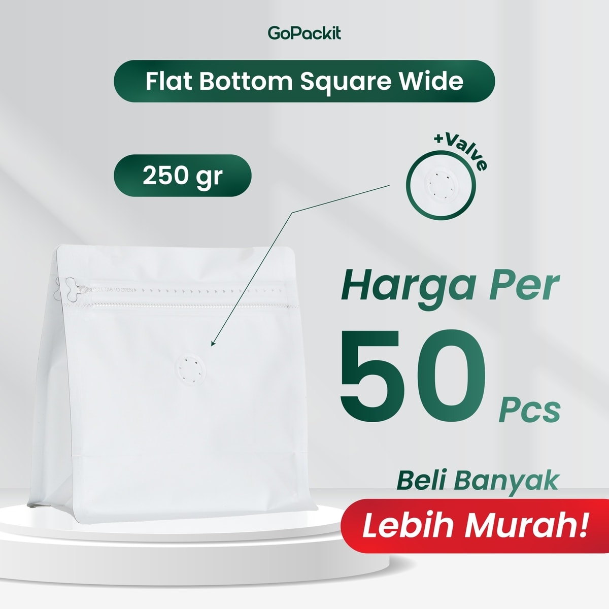 Kemasan Kopi 200 - 250 Gram Putih Flat Bottom Square Wide | Valve ...