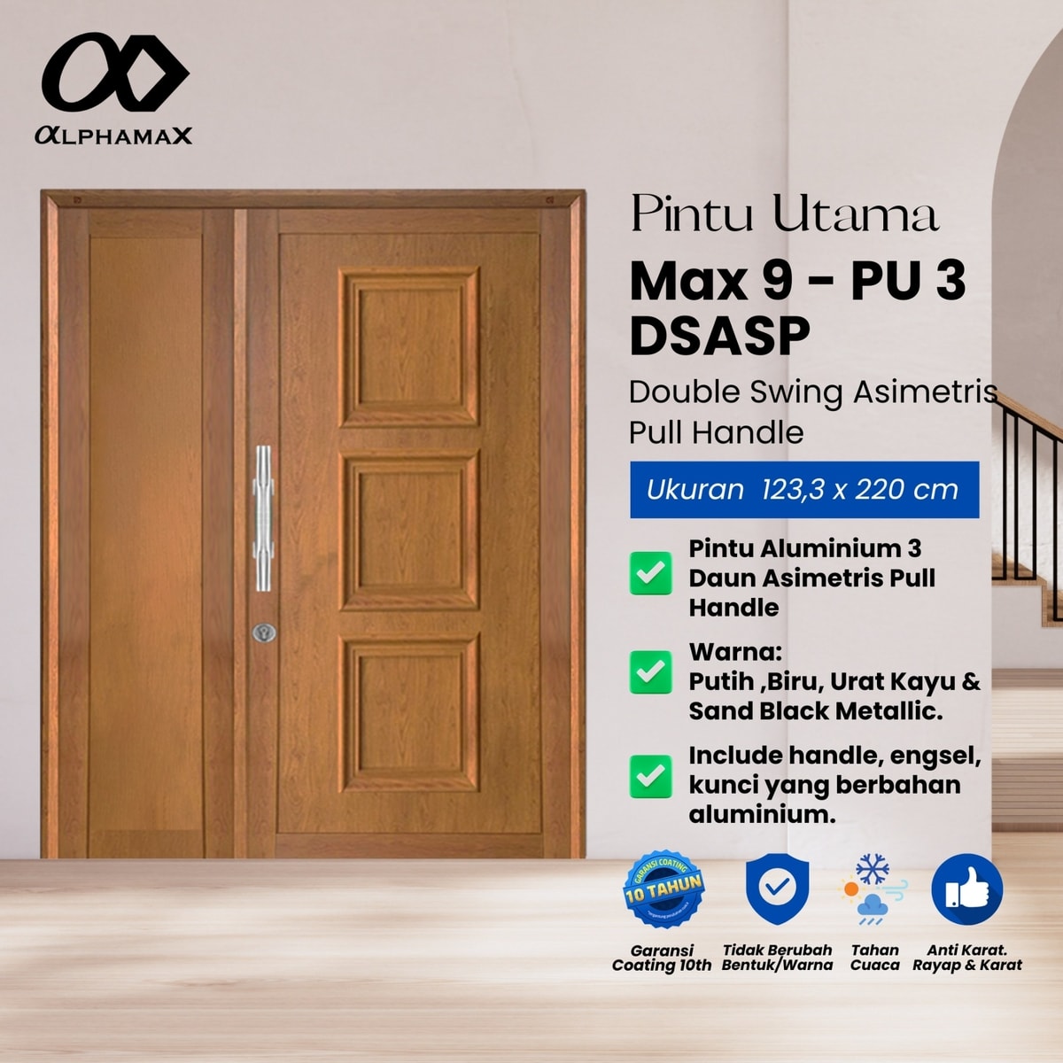 ALPHAMAX Max 9 PU3-DSASP Pintu Rumah Pintu Kamar Pintu Pembatas Pintu Taman Pintu Aluminium Full ...