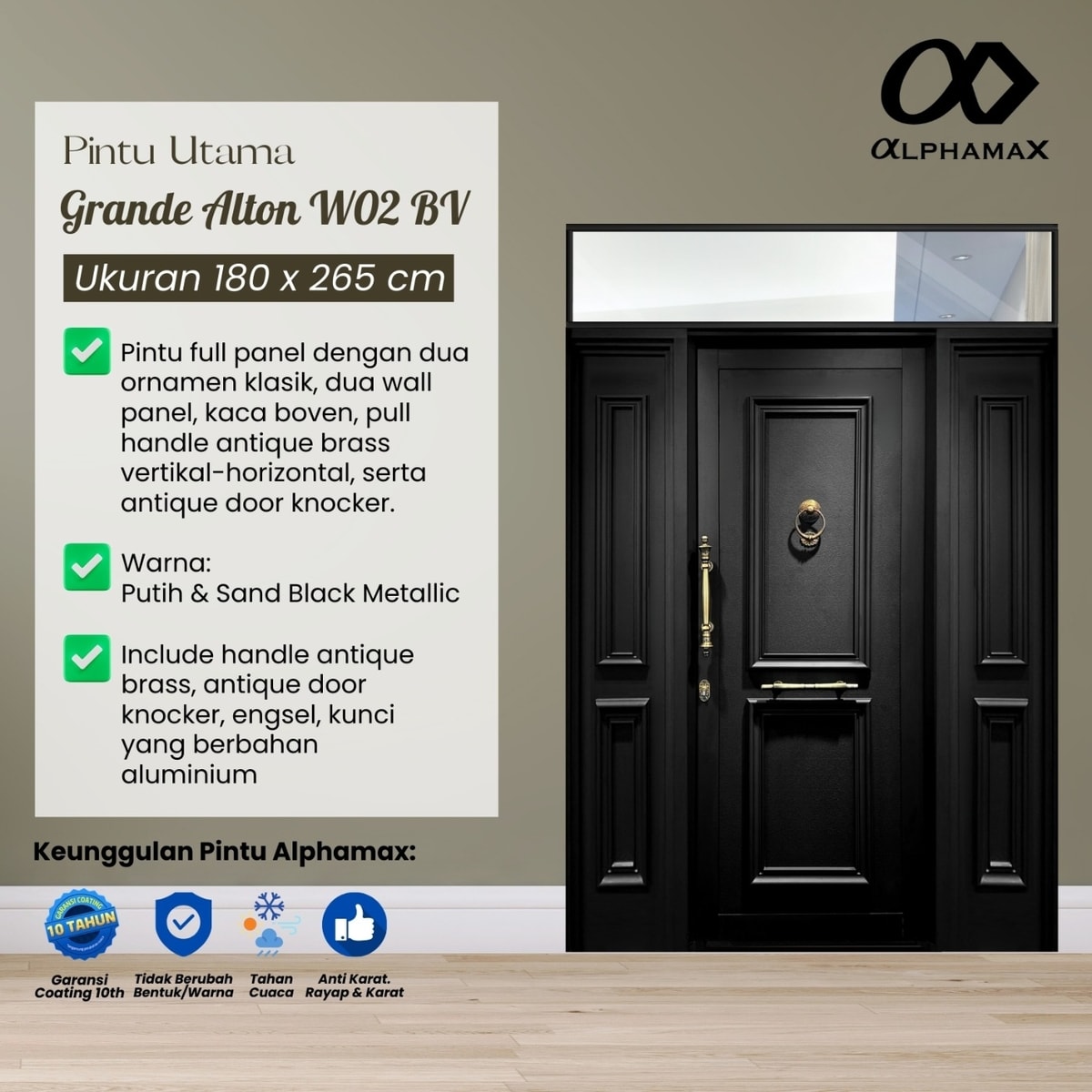 ALPHAMAX Grande Alton Pintu Aluminium Full Panel 2 Ornamen Klasik Pull ...