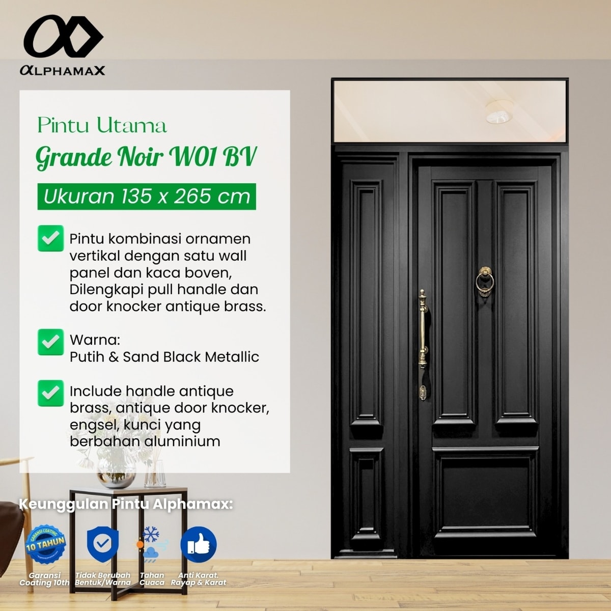 ALPHAMAX Grande Noir Pintu Aluminium Full Panel 3 Ornamen Klasik Pull ...