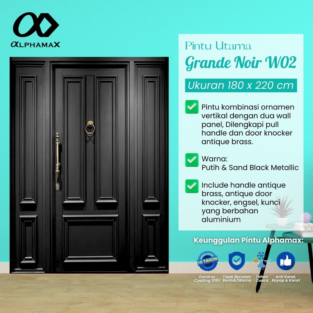 ALPHAMAX Grande Noir Pintu Aluminium Full Panel 3 Ornamen Klasik Pull ...