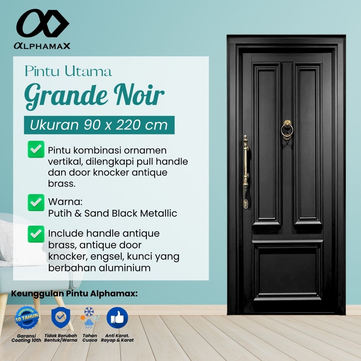 ALPHAMAX Grande Noir Pintu Aluminium Full Panel 3 Ornamen Klasik Pull ...