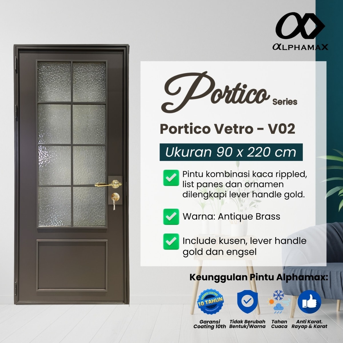 ALPHAMAX Portico Vetro Pintu Aluminium dengan Panel Kaca Rippled, Panes & Ornamen 90 x 220 cm