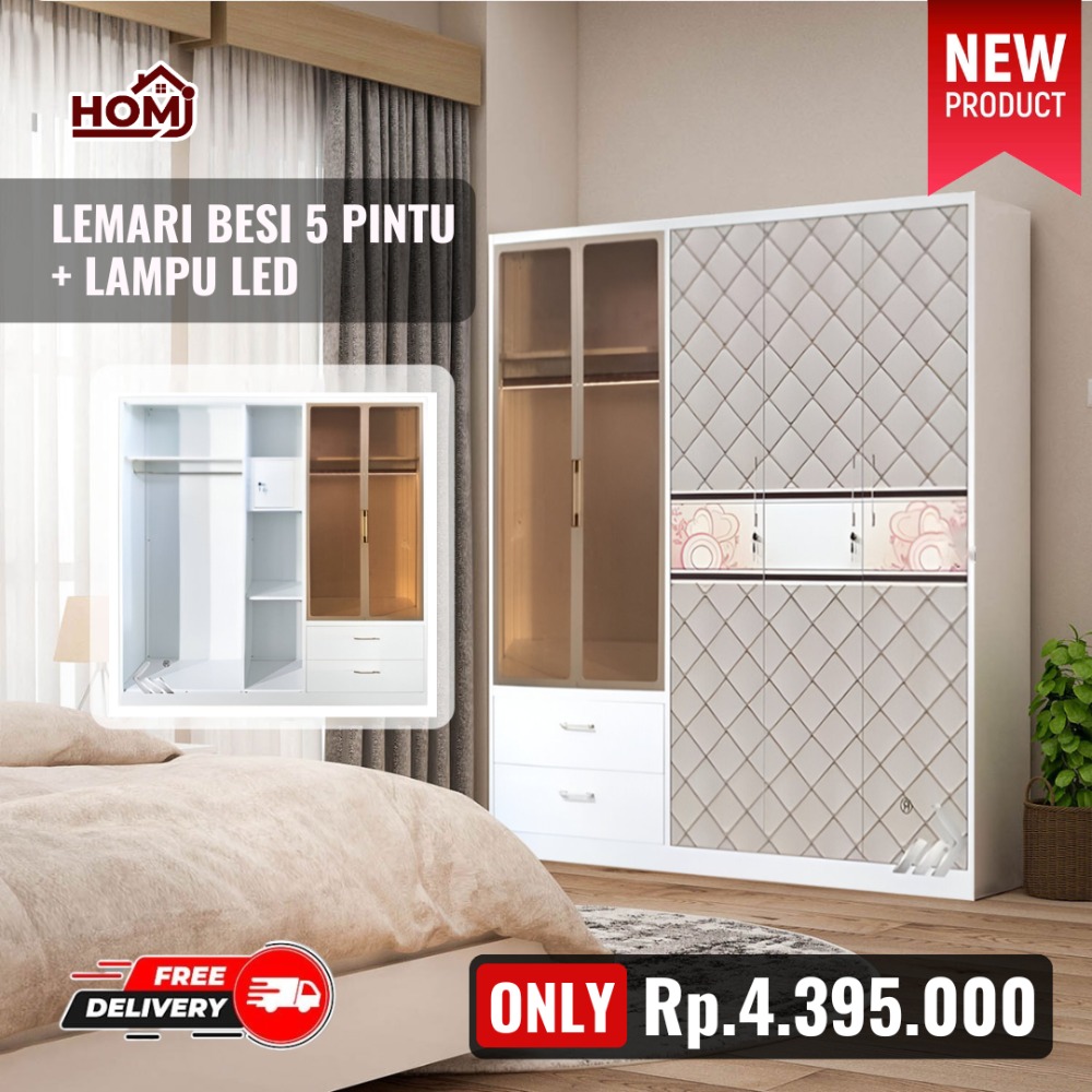 Lemari Pakaian Besi 5 Pintu Dengan LED